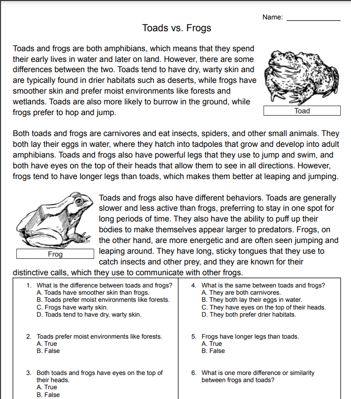 Compare and Contrast Toads and Frogs Reading Text with Questions ...