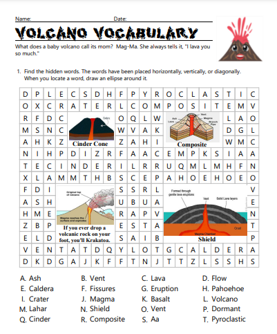 Volcano Vocabulary Word Search and Crossword | EducationalResource