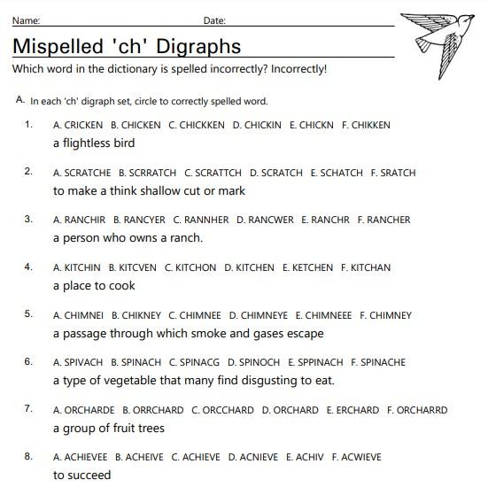 Digraph 'ch' Phonics Spelling Test | EducationalResource