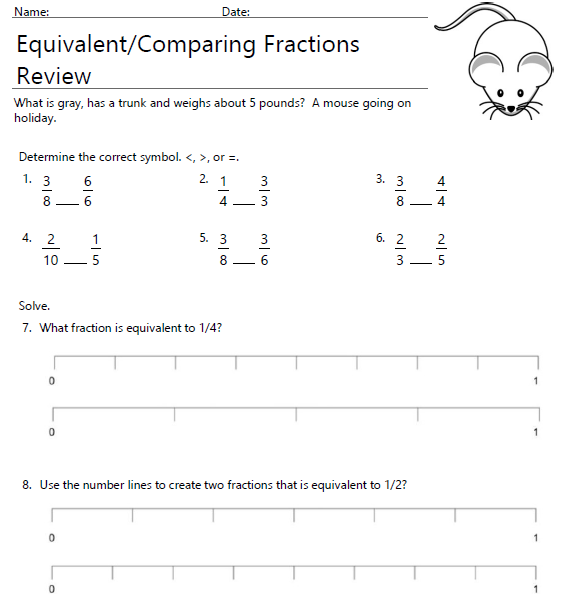 Equivalent and Comparing Fractions 3rd Grade Review Worksheet ...