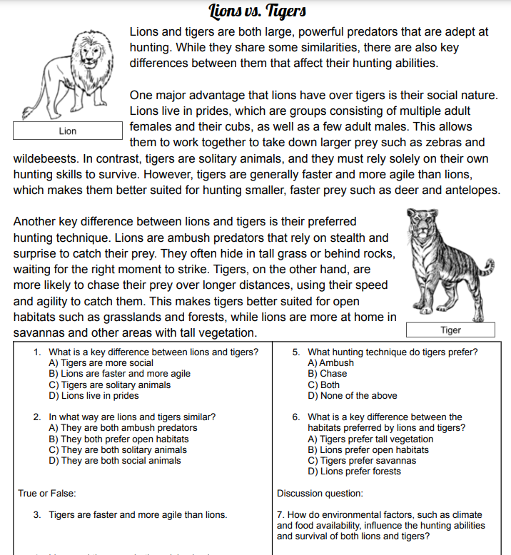 Compare and Contrast Lions and Tigers Worksheet | EducationalResource.org