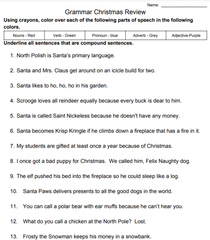 Grammar Christmas Review Worksheet | EducationalResource
