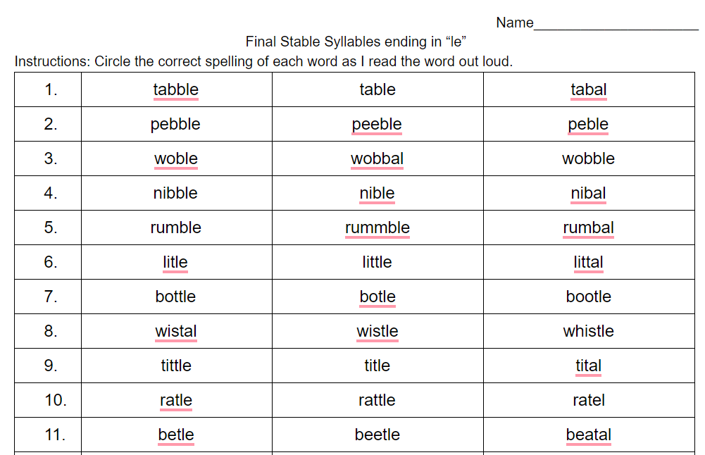 Final Stable Syllables Ending in "le" Worksheet | EducationalResource.org