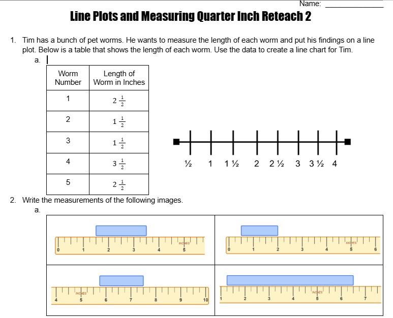 3rd Grade Line Plots and Measuring Quarter Inch Reteach Worksheet ...