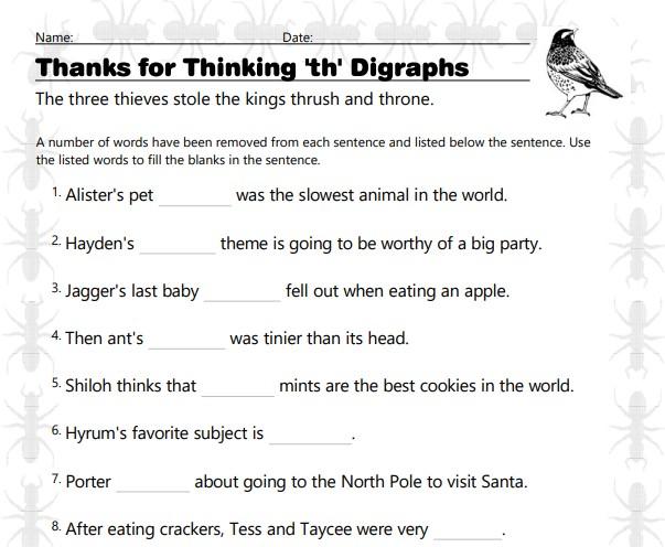 Thanks for Thinking 'th' Digraph Cloze Worksheet | EducationalResource
