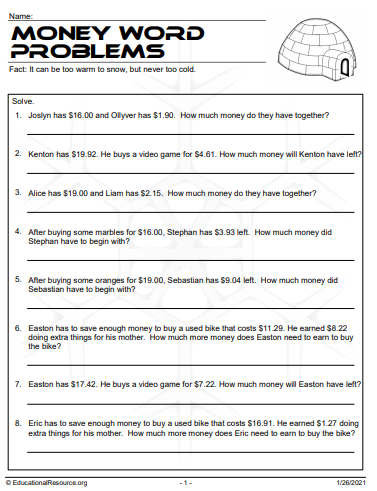 Money Word Problems Worksheet | EducationalResource